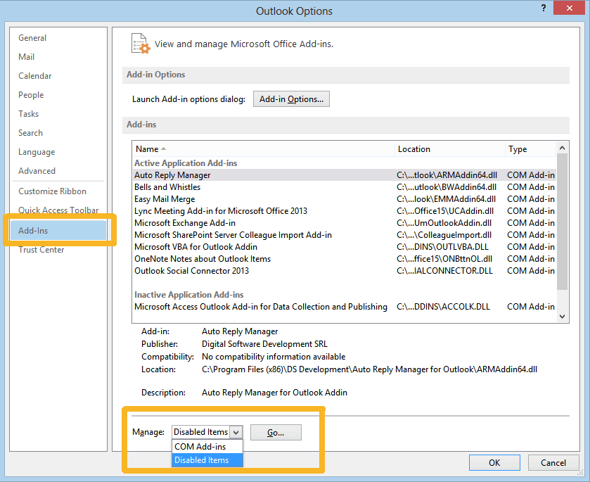 Outlook 2013 Disabled Add ins